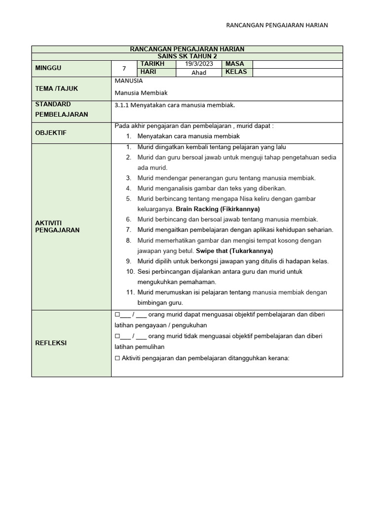 RPH Ringkas Minggu 7 Sains SK THN 2 by Cikgu Gorgeous | PDF