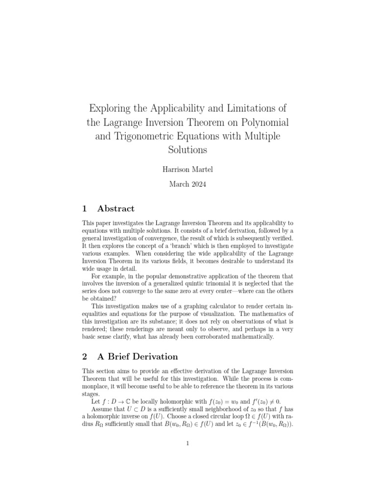Exploring the Applicability and Limitations of the Lagrange Inversion ... Exploring the Applicability and Limitations of the Lagrange Inversion ...