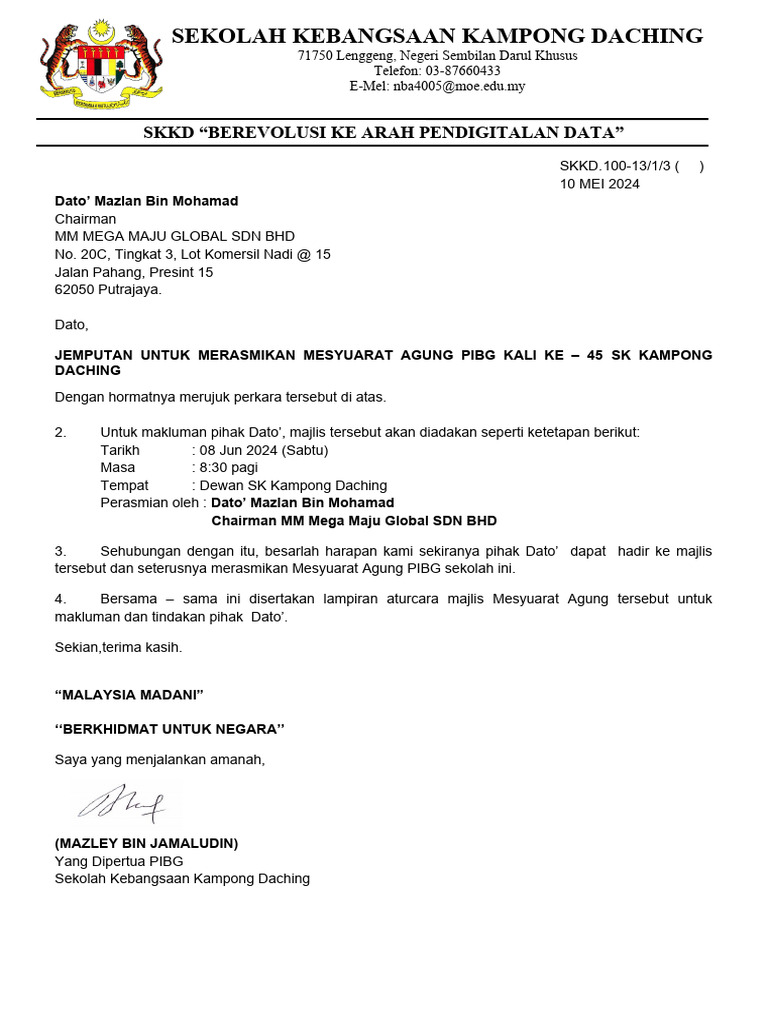 Surat Dato Mazlan Rasmi PIBG2024 | PDF