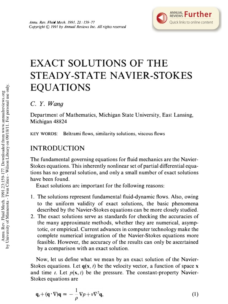 Exact Solutions Navier Stokes Wang | PDF | Navier–Stokes Equations ...