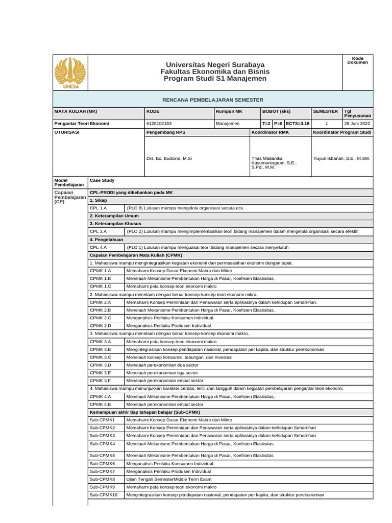 RPS Pengantar Teori Ekonomi | PDF