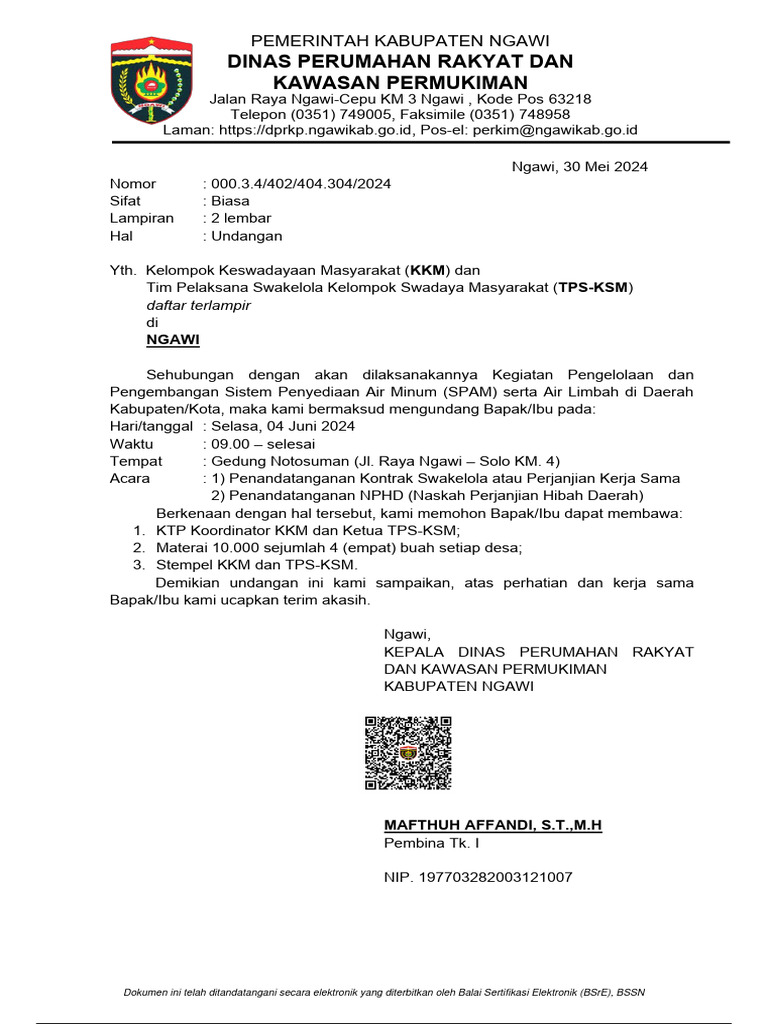 Undangan Pks Dan NPHD KKM TPS-KKM 2024 | PDF