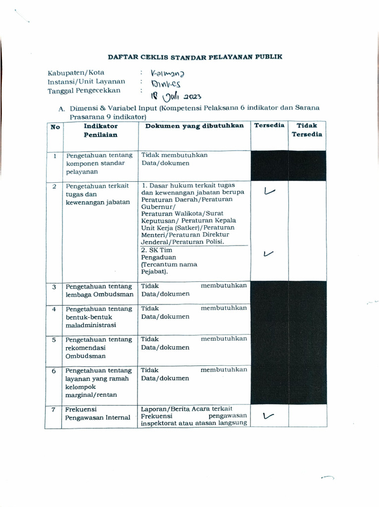 Daftar Ceklis Standar Pelayanan Publik Dinkes | PDF
