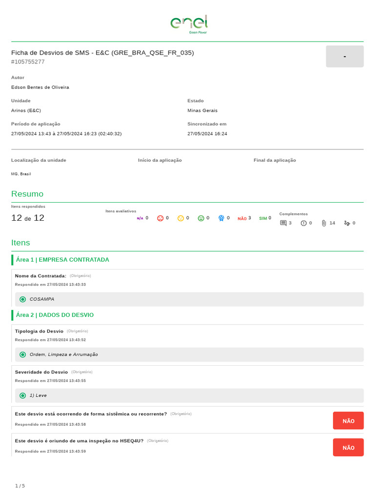 Ficha de Desvios de Sms Ec Gre Bra Qse FR 035 Arinos Ec 27 05 2024 | PDF