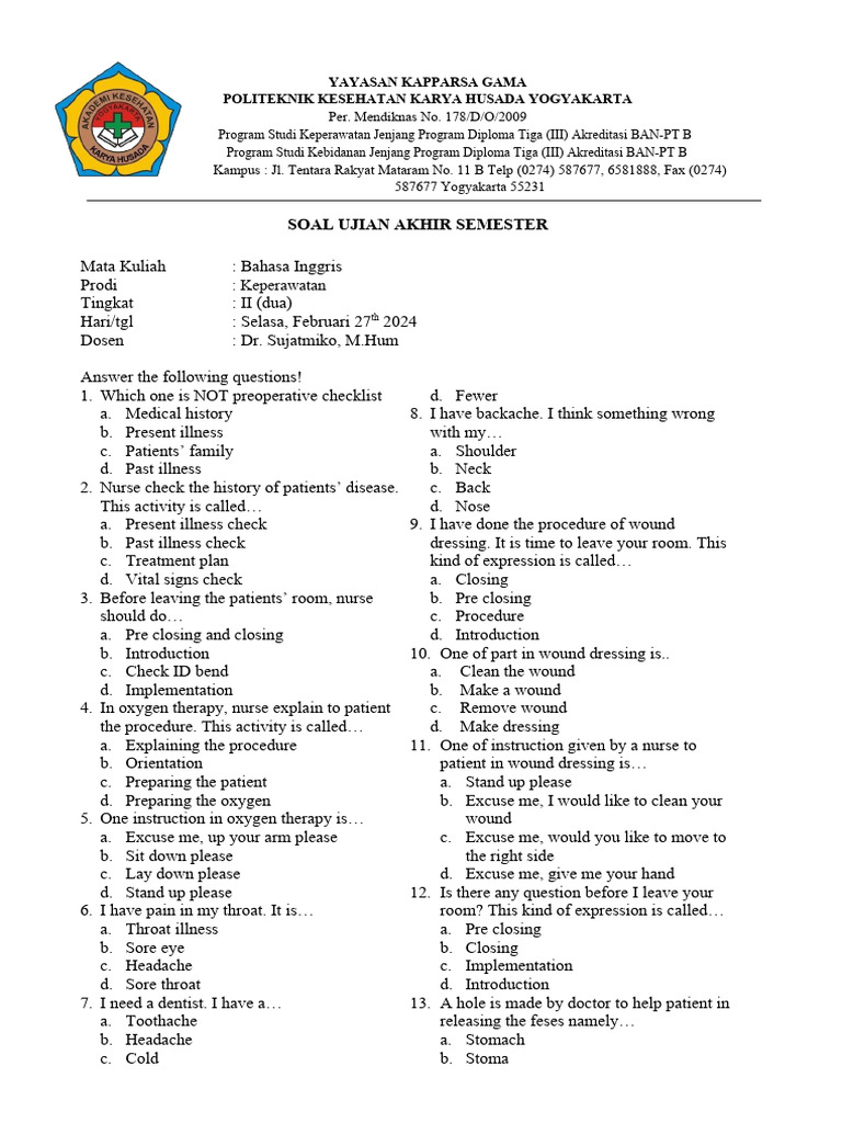 Soal UAS Keperawatan Tingkat 2 (Feb 2024) | PDF | Patient | Diseases And Disorders