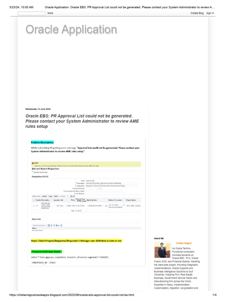 Oracle Application - Oracle EBS - PR Approval List Could Not Be Generated. Please Contact Your ...