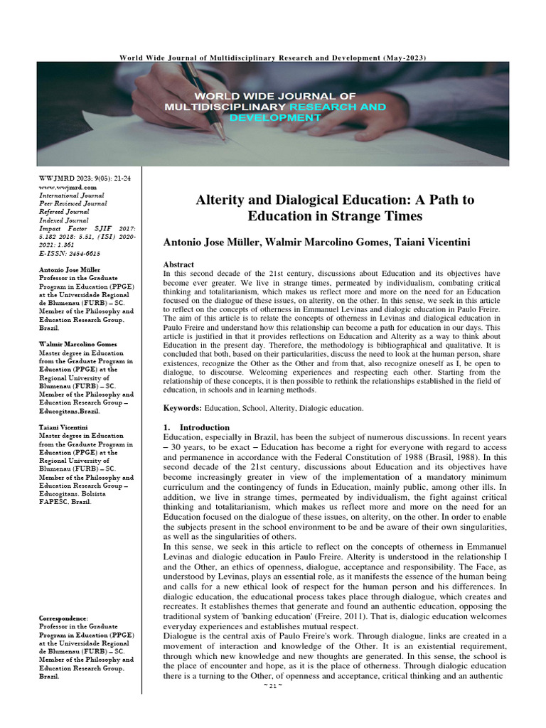 Alterity and Dialogical Education A Path To Education in Strange Times - 1684309123 | PDF ...