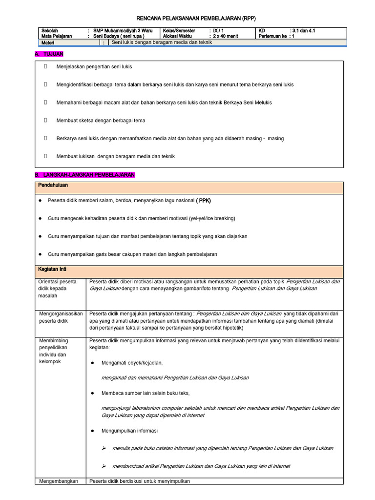 RPP Seni Budaya (Seni Rupa) Materi Seni Lukis Dengan Beragam Media Dan ...