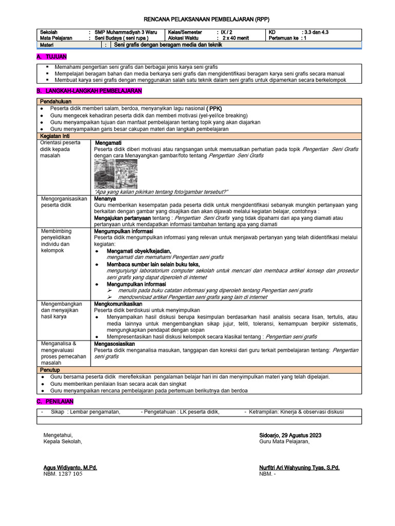 RPP Seni Budaya (Seni Rupa) Materi Seni Grafis Dengan Beragam Media Dan ...