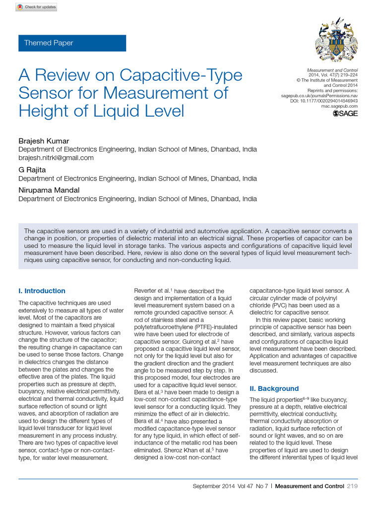 Kumar Et Al 2014 A Review On Capacitive Type Sensor For Measurement of ...