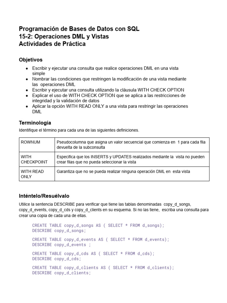 Operaciones DML y Vistas SQL | PDF | Gestión de tecnología de la información | Recuperación de ...
