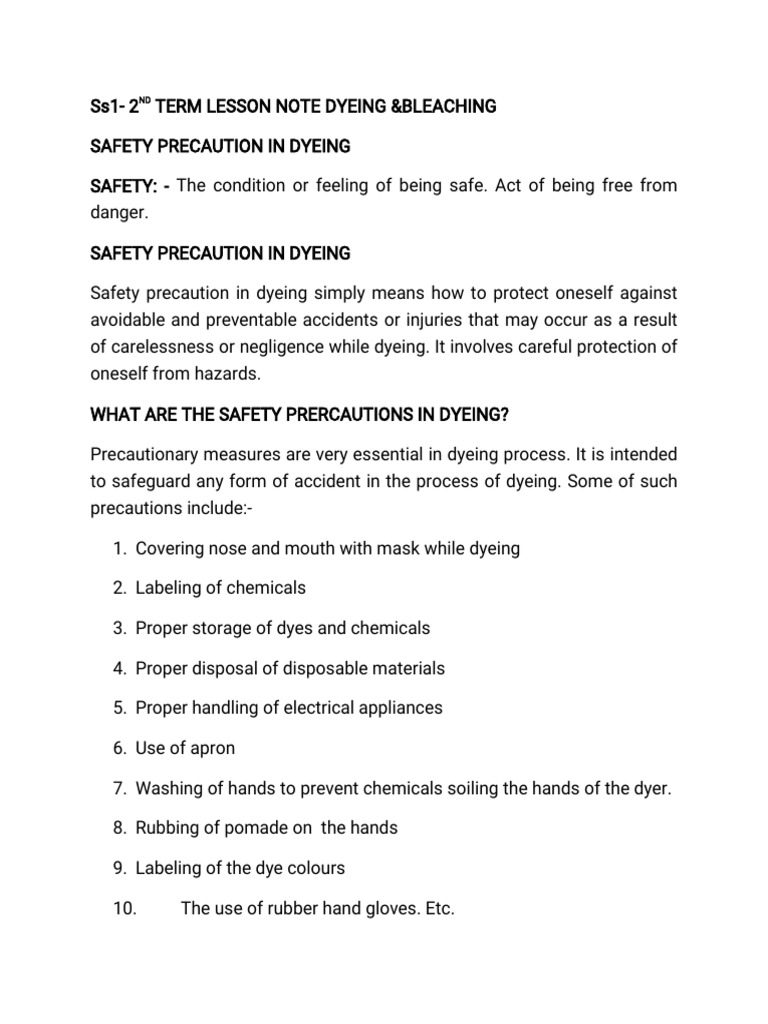Ss1 2nd Term Lesson Note Dyeing and Bleaching | PDF | Textiles | Dyeing