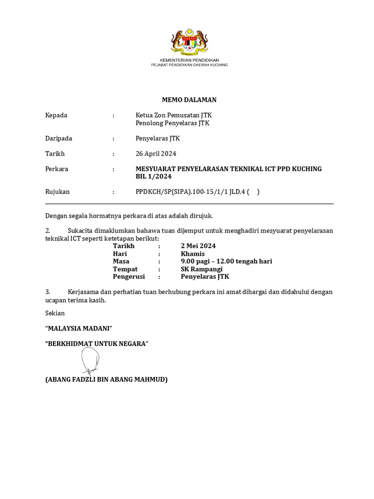 Memo Bil 1 2024 - Mesyuarat KZ Penyelarasan Teknikal Ict | PDF