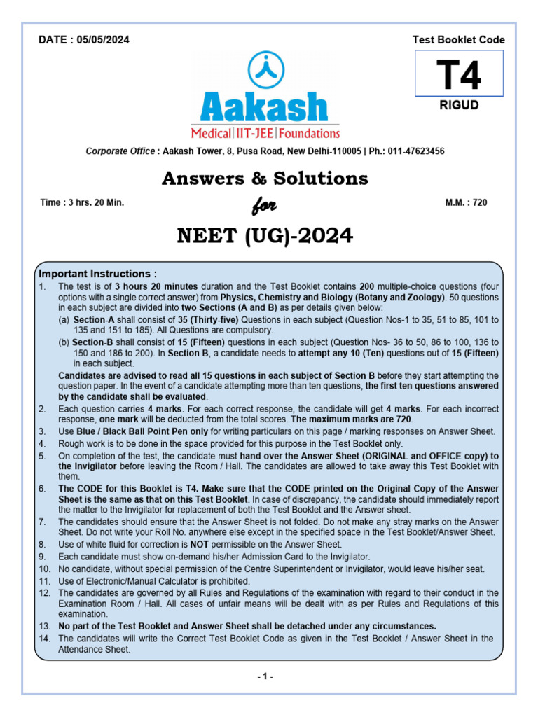 Answers and Solutions NEET 2024 Code T4 FINAL | PDF | Capacitance ...