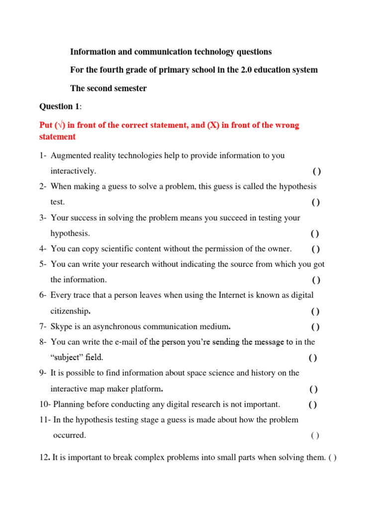 ICT Questions for 4th Grade Students | PDF | Educational Technology | Information