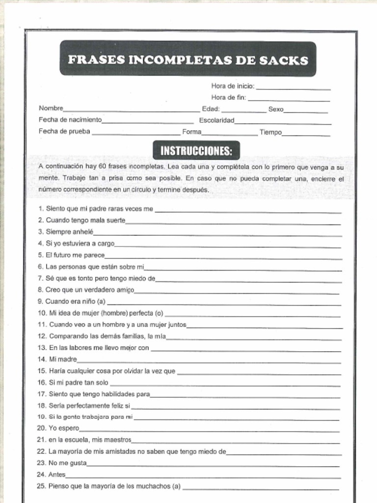 Protocolo de Frases Incompletas de SACKS | PDF