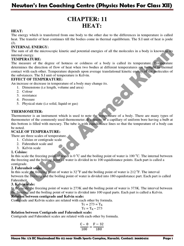 XII Physics Notes by Sir Ubaid Ahmed Khan | PDF | Temperature | Gases