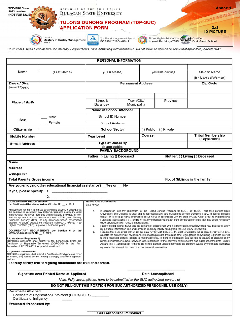 TDP-SUC Annex 1 - TDP-SUC Application Form - BULSU | PDF | Justice ...