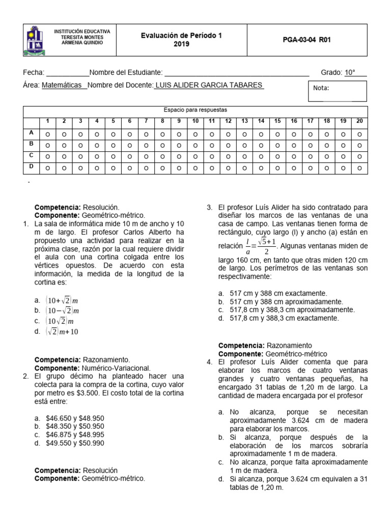 Ealuacion Primer Peridodo 10 Matematicas 2019 | PDF | Probabilidad Ealuacion Primer Peridodo 10 Matematicas 2019 | PDF | Probabilidad