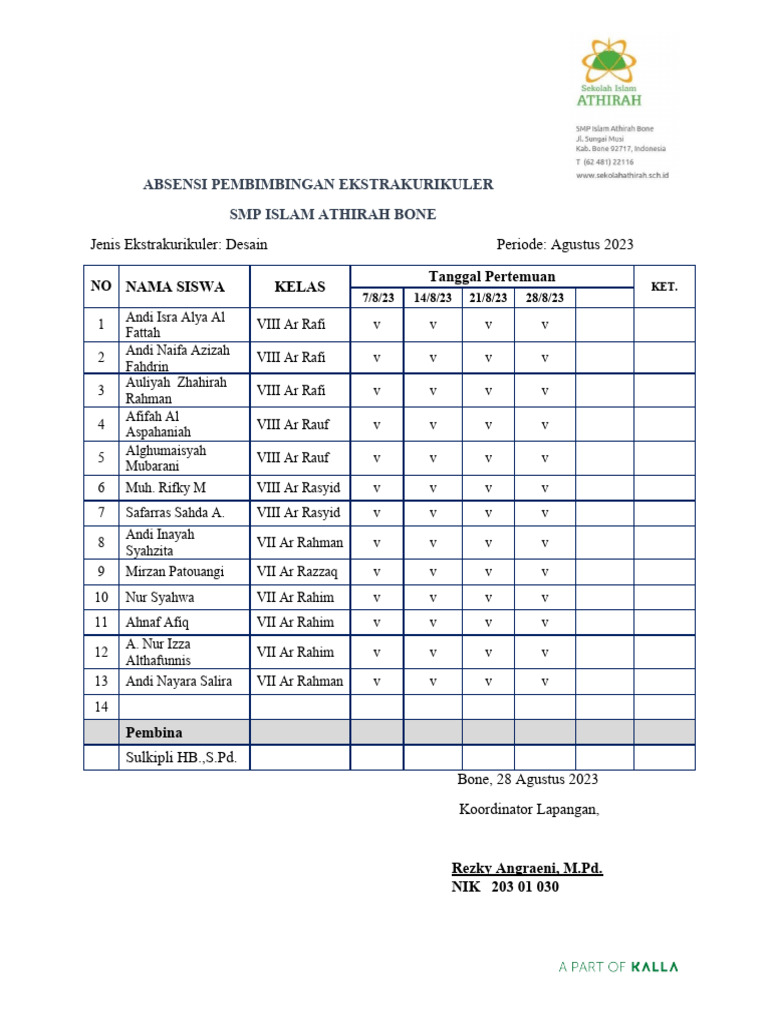 Absensi Ekstrakurikuler Desain SMP Athirah | PDF
