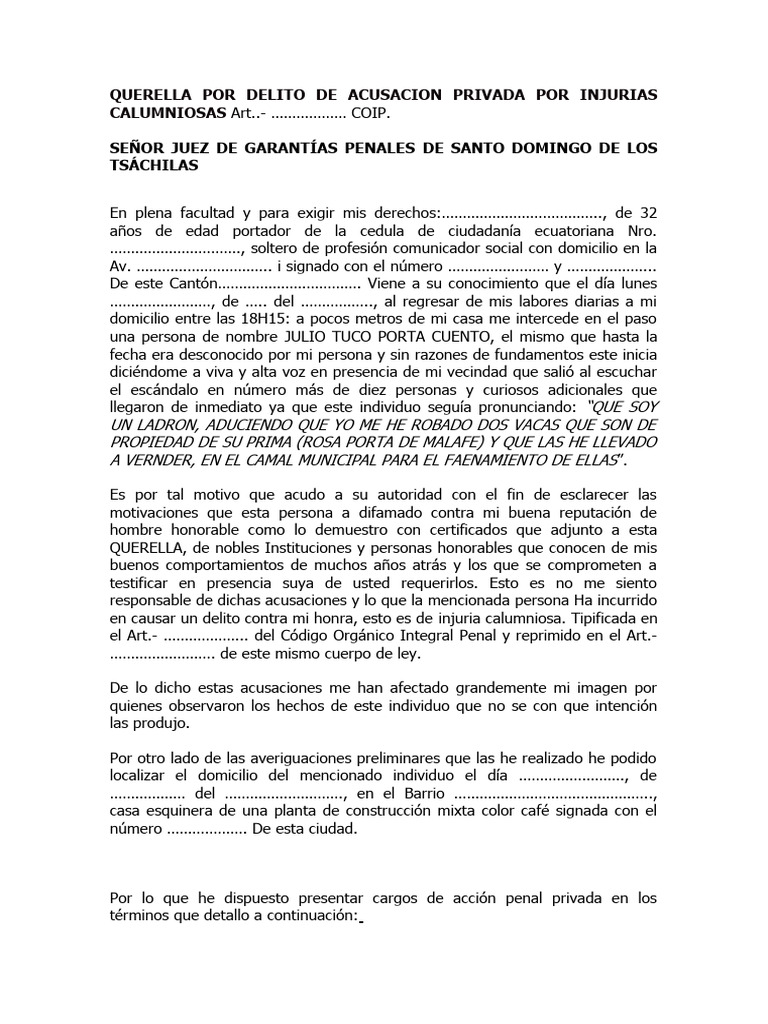 Modelo de Querella Por Injurias Calumniosas | Descargar gratis PDF | Queja | Abogado