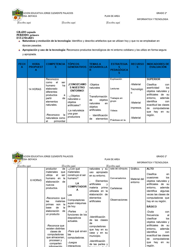 PLAN DE AREA TECNOLOGIA E INFORMATICA 2024 | PDF | Informática