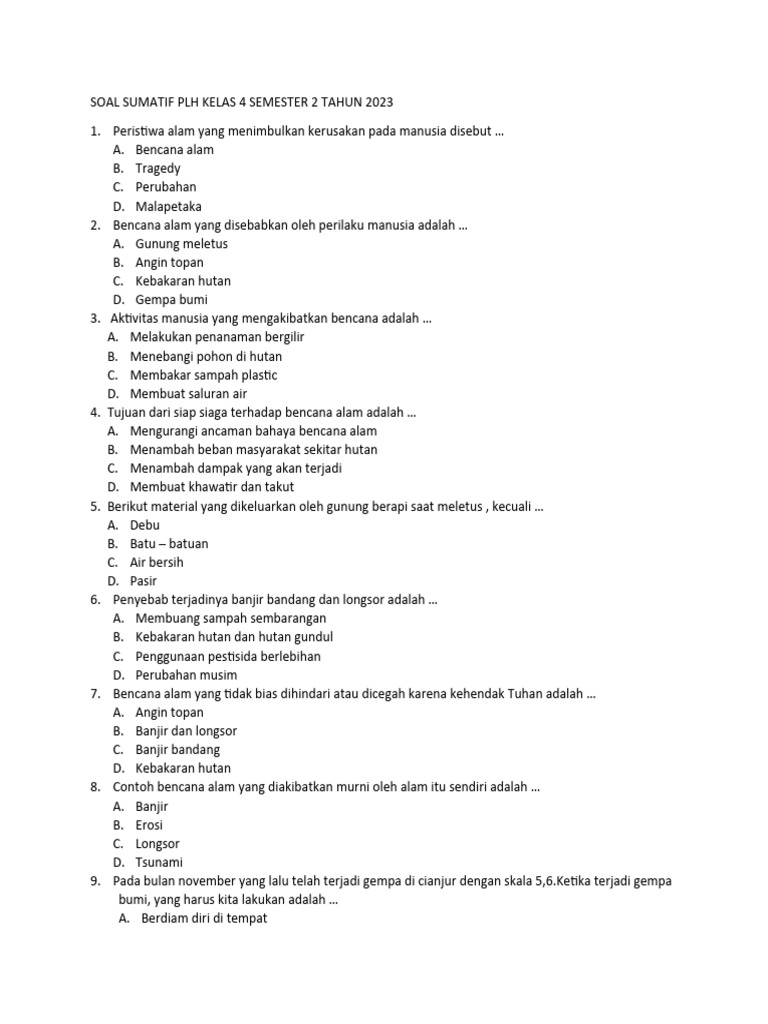 Soal Sumatif PLH Kelas 4 Semester 2 Tahun 2023 | PDF | Sains ...