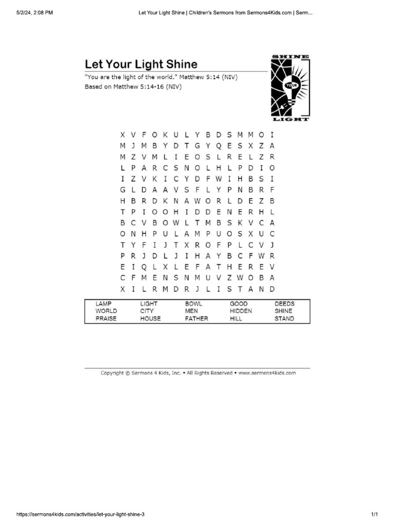 Let Your Light Shine-Wordsearch | PDF