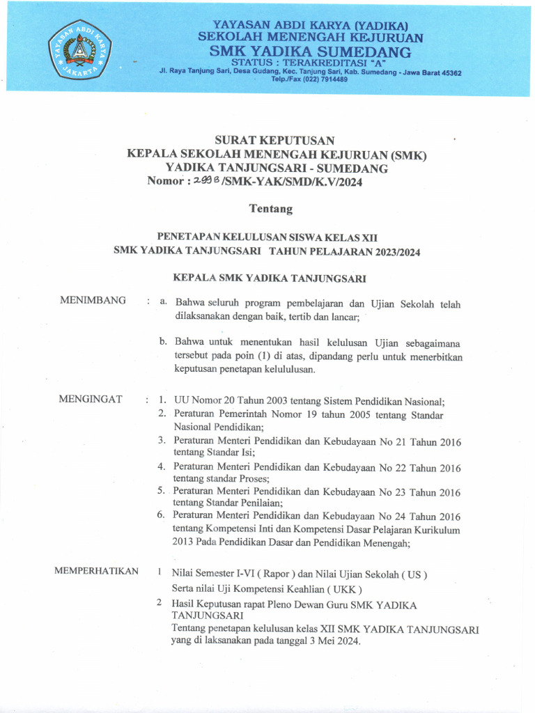 SK PENETAPAN KELULUSAN SISWA TP 2023-2024 | PDF