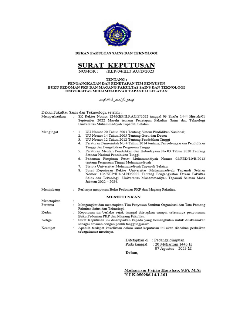 SK Tim Penyusun Pedoman Pelaksanaan PKP-Magang Fakultas Sains Dan Teknologi | PDF