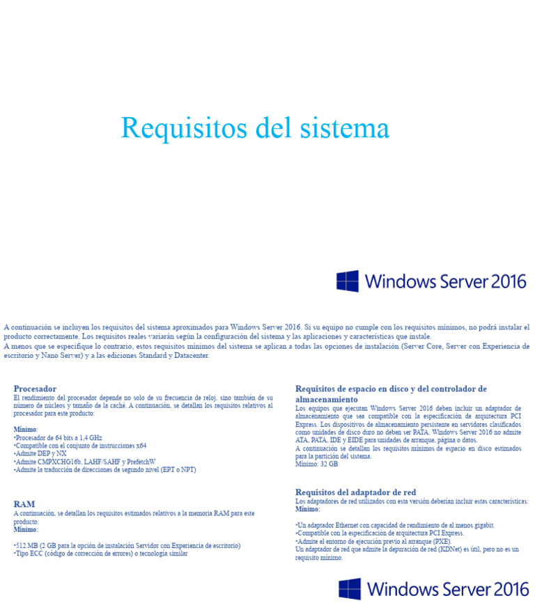 Requisitos Del Sistema en Windows Server 2016 | PDF | Microprocesador | Arranque