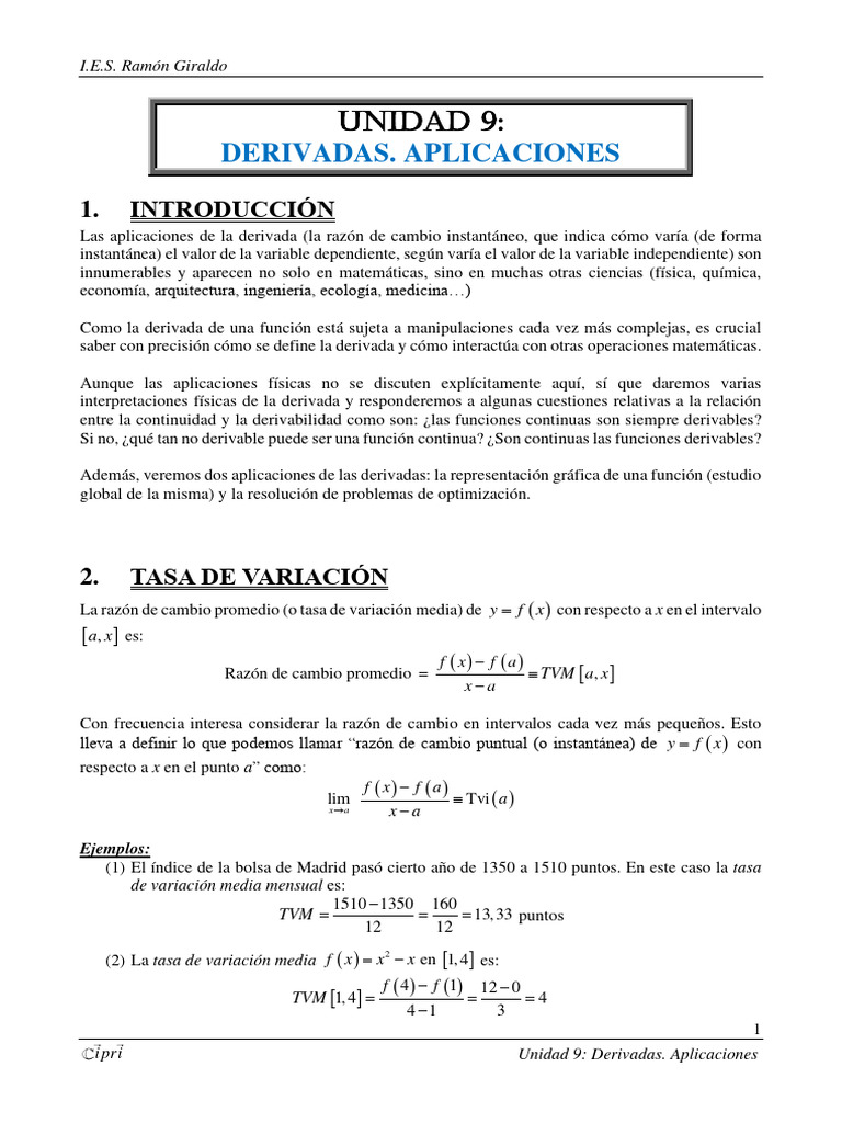 MAT 1 U09 Derivadas - Aplicaciones | PDF | Derivado | Función continua