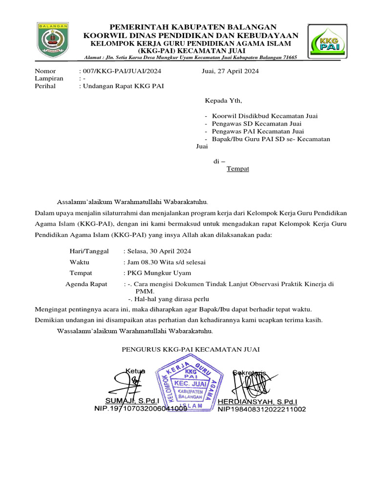 Undangan KKG PAI April Dan Mei 2024 | PDF