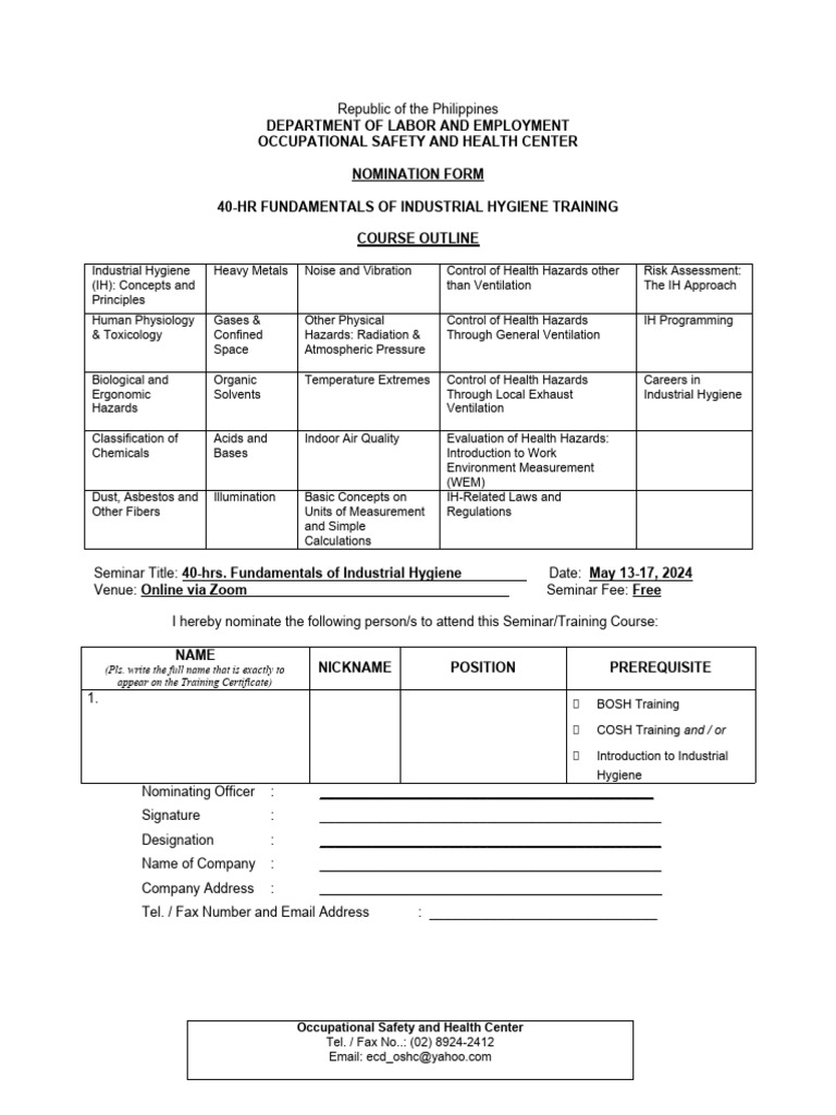 Osh Nomination Form | Download Free PDF | Occupational Hygiene ...