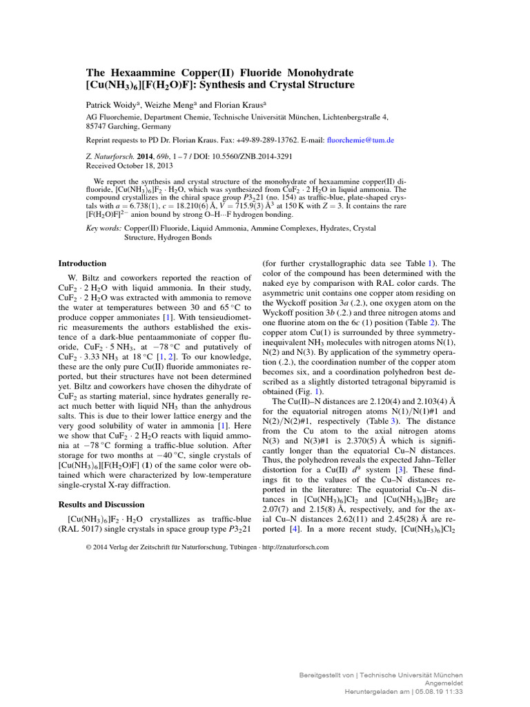 The Hexaammine Copper (II) Fluoride Monohydrate (Cu (NH) ) (F (H O) F ...