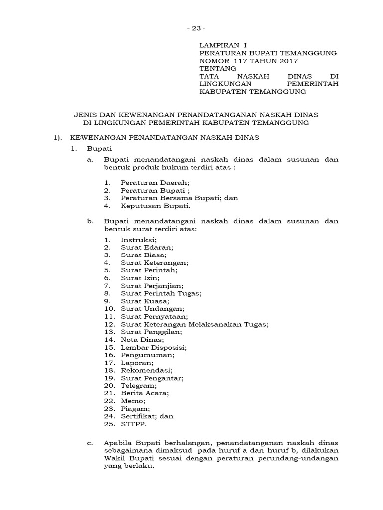 Lampiran I Kewenangan Penandatangan Naskah Dinas | PDF