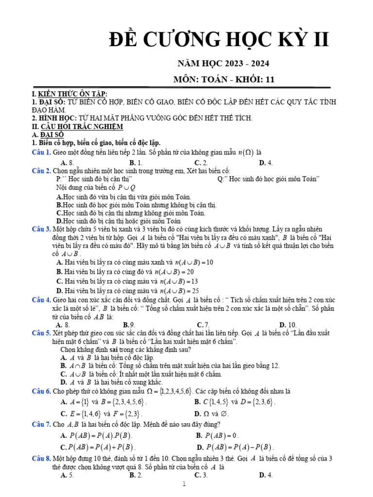 De Cuong Hoc Ky 2 Toan 11 Nam 2023 2024 Truong Thpt Xuan Dinh Ha Noi | PDF
