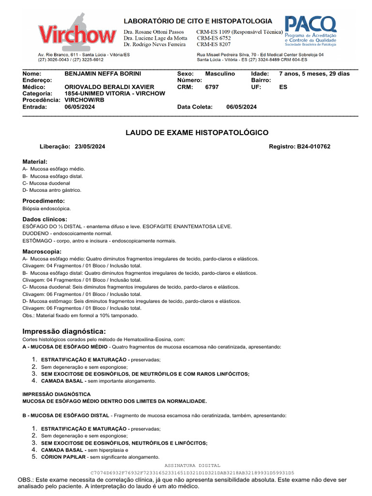Laudo Da Endoscopia Com Biopsia Benjamin - Maio 2024 | Download grátis ...