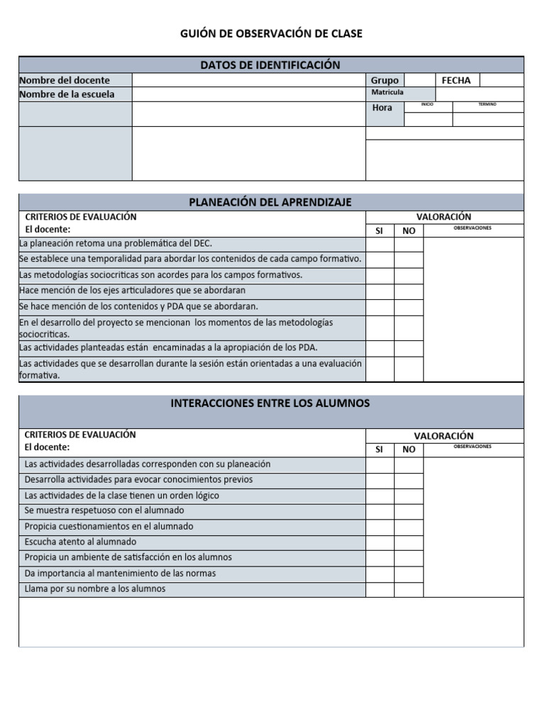 Guión de Observación de Clase | Descargar gratis PDF | Evaluación | Aprendizaje