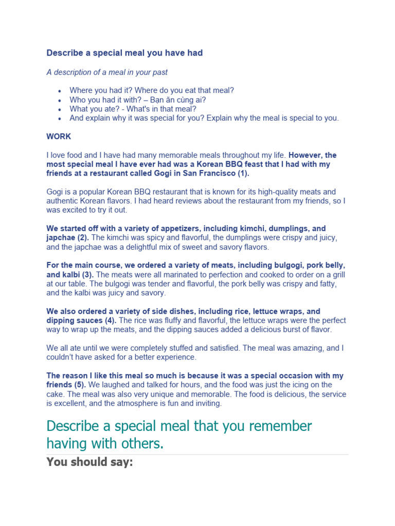 Describe A Special Meal You Have Had | PDF | Korean Cuisine | Japanese ...