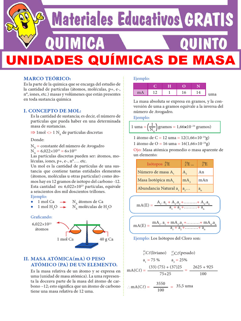 Unidades Químicas de Masa para Quinto Grado de Secundaria | PDF | Mole (Unidad) | Química
