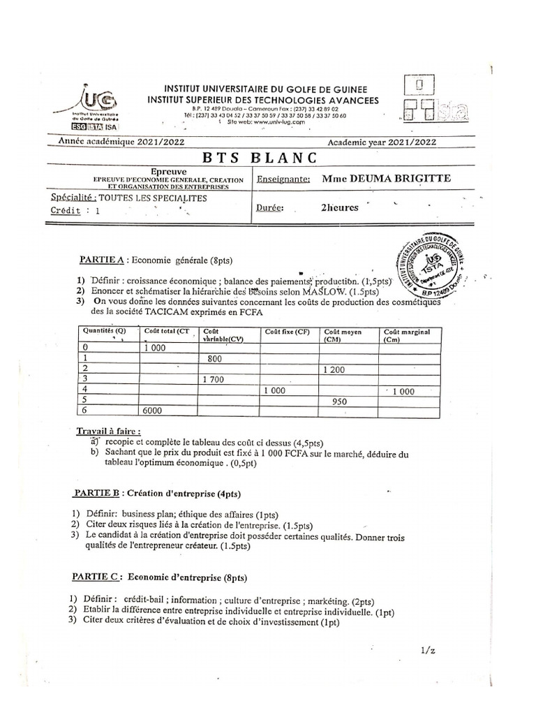 Bts Blanc Economie 2021 | PDF