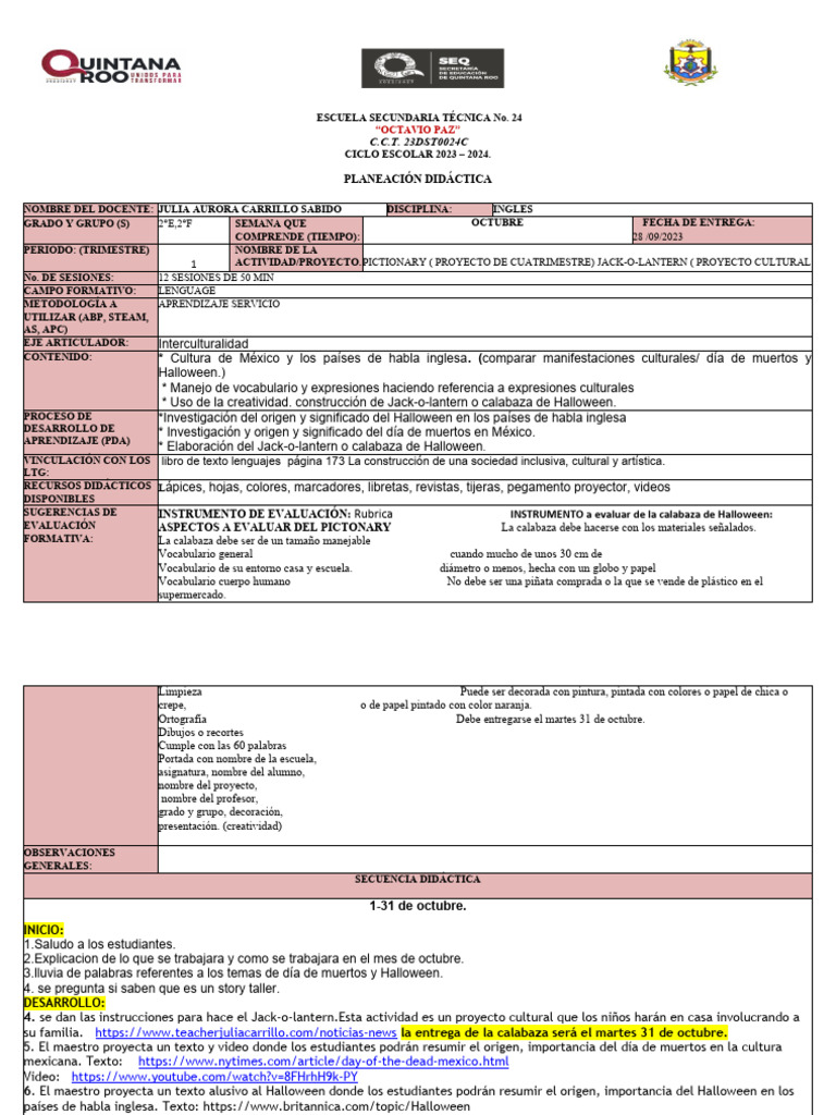 Planeacion Octubre Ingles Julia A Carrillo | PDF | Evaluación