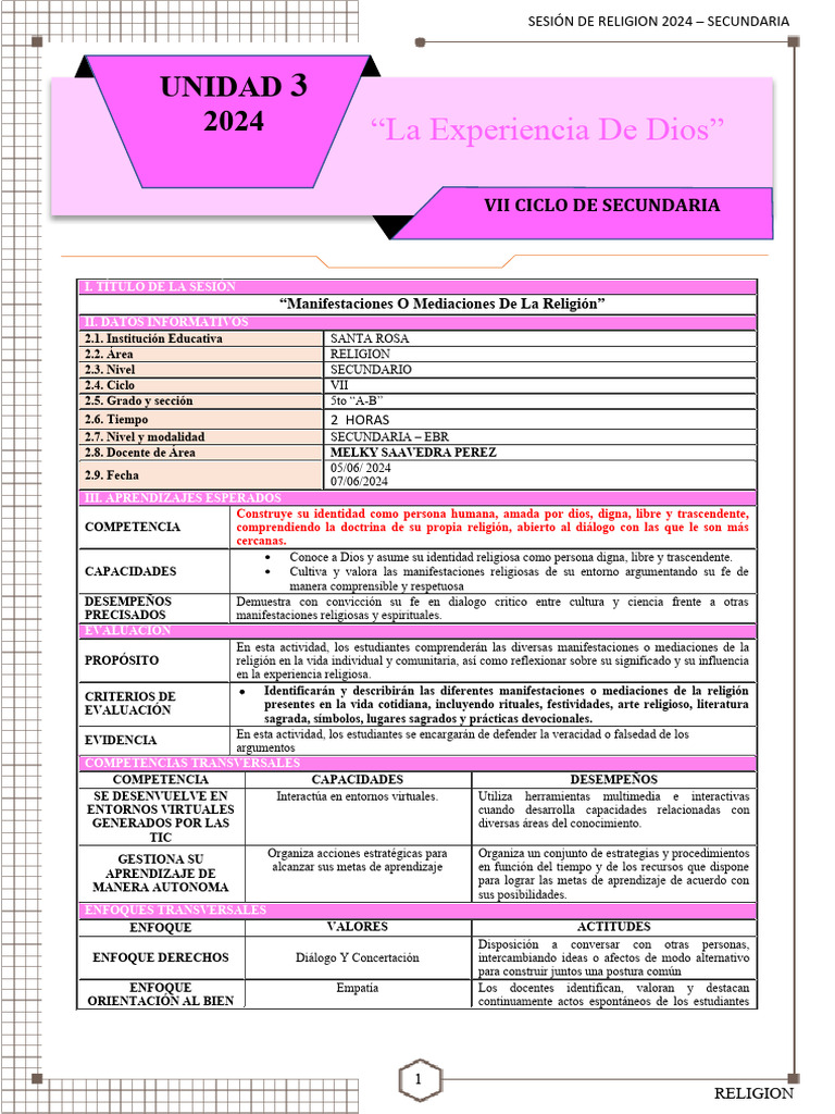5to° SESION SEM 4 UNI 3 - RELIGION 2024 | PDF | Aprendizaje | Maestros