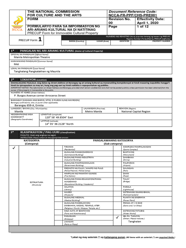 NCCA PRECUP Form for Cultural Properties | PDF