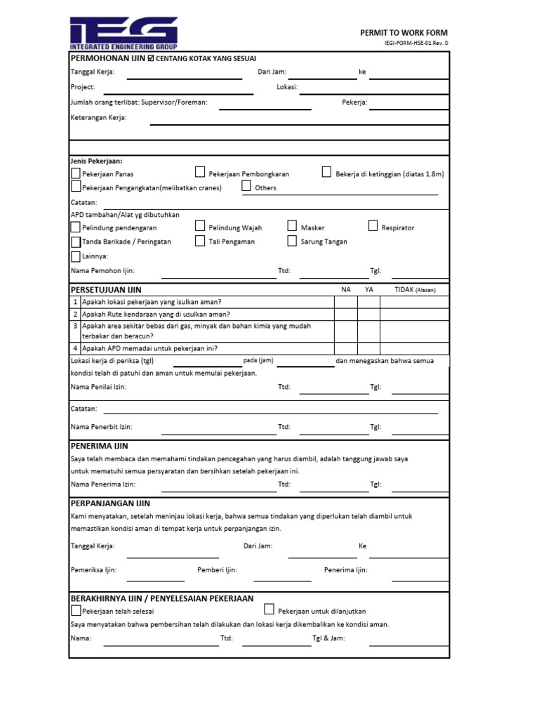 Permit to Work Form In Bahasa | PDF