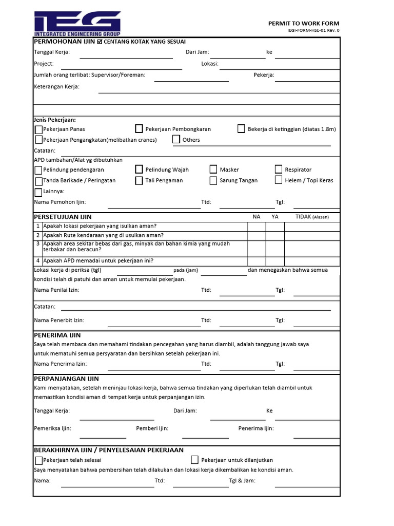 Permit To Work Form in Bahasa | PDF