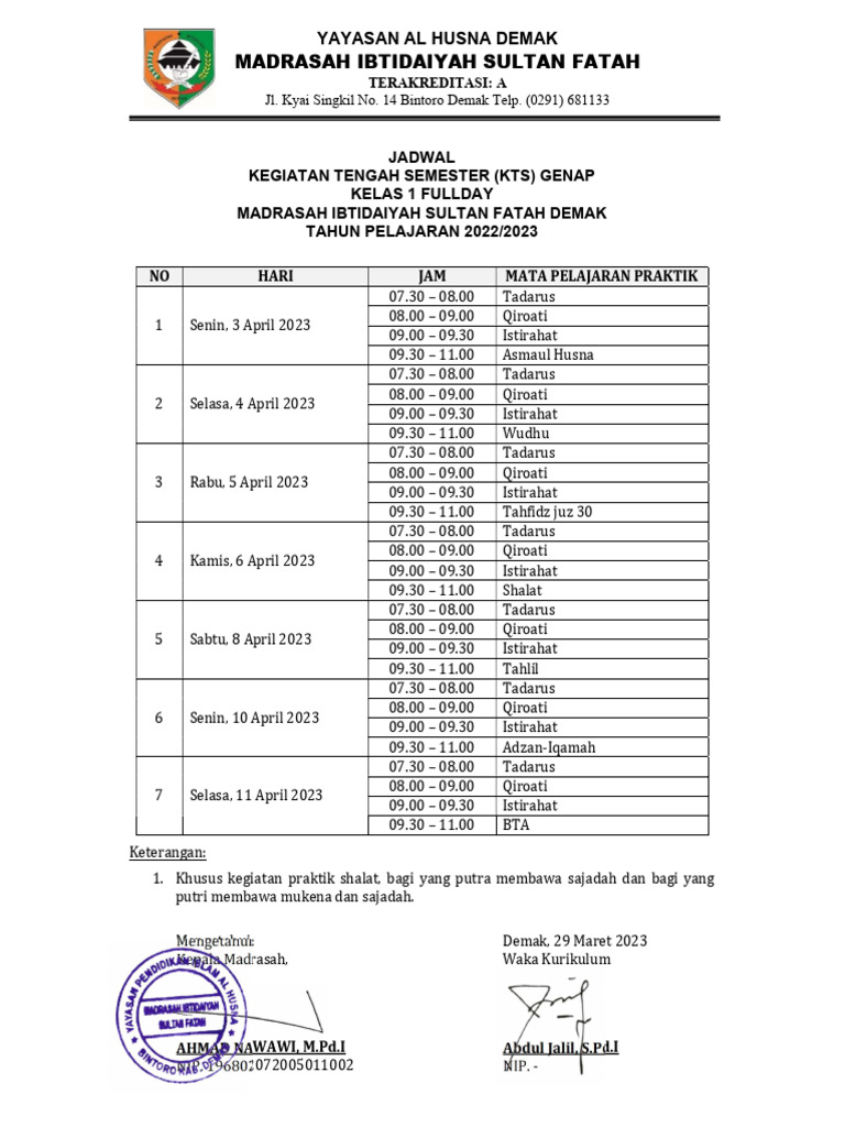 Jadwal KTS Kelas 1 Fullday | PDF