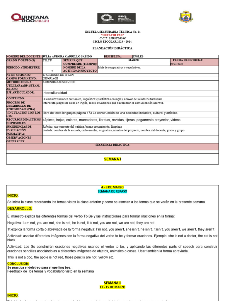 Planeacion Segundo Grado Marzo Ingles Julia A Carrillo | PDF | Aprendizaje