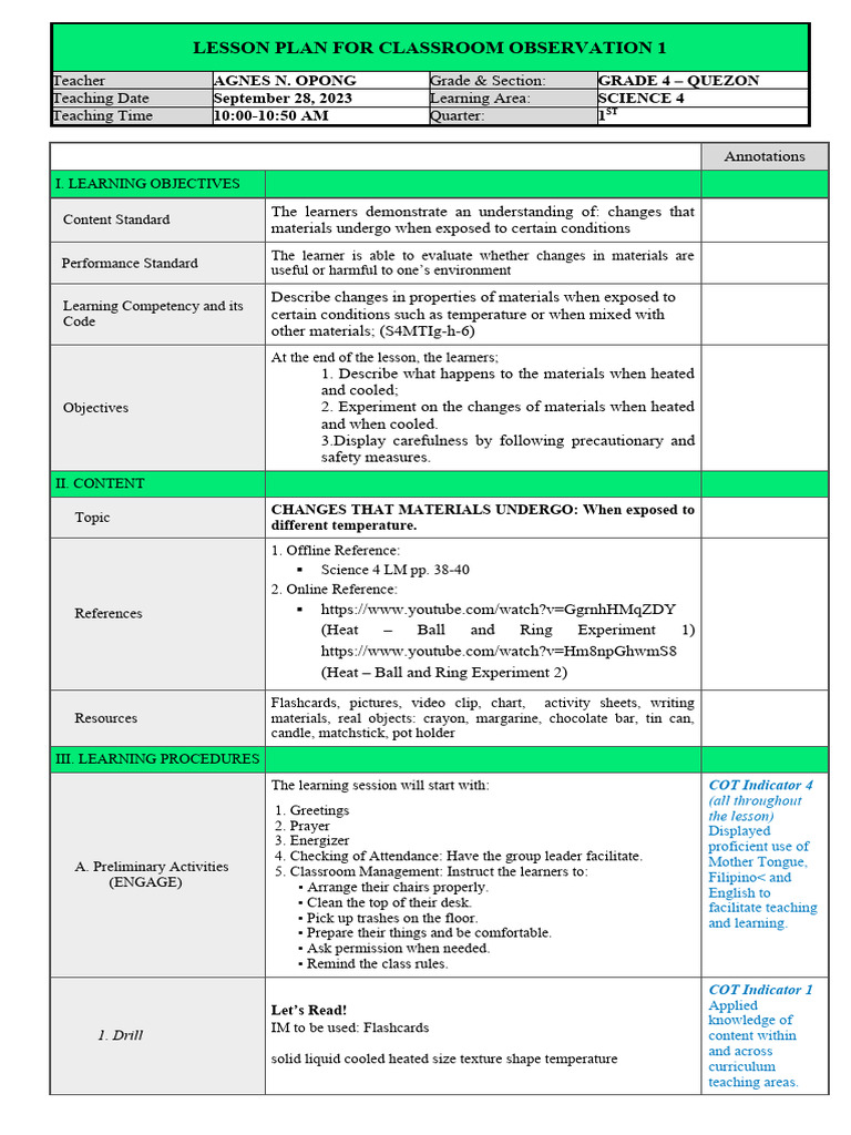 Co1 Science 4 Q1 (2023-2024) | PDF | Learning | Lesson Plan